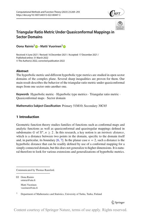 Pdf Triangular Ratio Metric Under Quasiconformal Mappings In Sector
