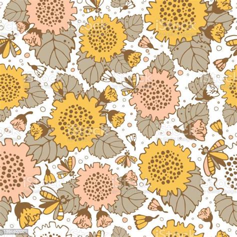 빈티지 꽃 무늬 나뭇 가지에 부드러운 노란색 흰색 해바라기 꽃이있는 매끄러운 패턴 흰색 배경에 다양한 단풍 여름 분위기의 식물 인쇄물 벡터 인쇄 가을에 대한 스톡 벡터 아트