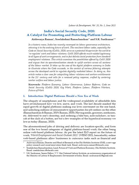 Indias Social Security Code 2020 A Catalyst For Promoting Platform Labour By Aishwarya Raman