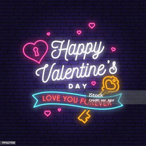 해피 발렌타인 데이 네온 인사말 카드 전단지 포스터 스탬프 배지 스티커 열쇠 구멍이있는 열쇠고와 심장이있는 카드 벡터 발렌타인 데이 네온 밝은 간판 빛 배너 14에 대한