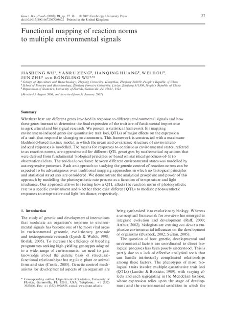 Pdf Mapping Qtls In Reaction Norms To Environments