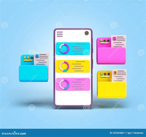 Internal Storage Concept Smartphone With File Folders On Screen 3d Render On Blue Gradient Stock