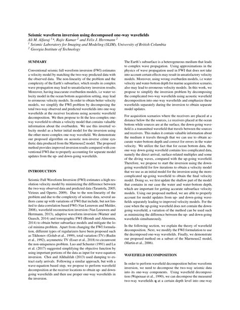 Pdf Seismic Waveform Inversion Using Decomposed One Way Wavefields