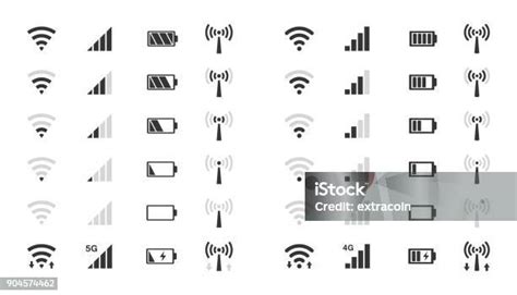 Wifi 레벨 아이콘 신호 강도 표시기 배터리 충전 아이콘에 대한 스톡 벡터 아트 및 기타 이미지 아이콘 라디오 전파