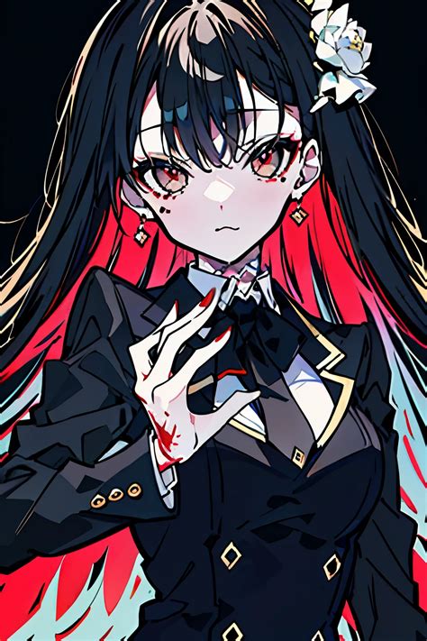 검은 정장을 입은 긴 검은 머리카락과 빨간 눈을 가진 애니메이션 소녀 Seaart Ai