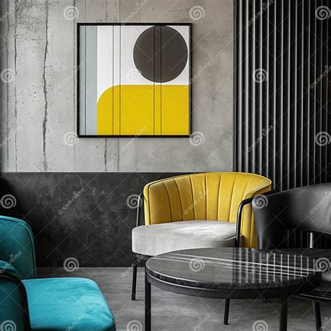 Abstract Poster In Black Square Frame In A Modern Minimalist Room With Gray Concrete Wall And