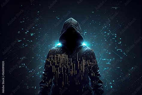 Hacker In The Hood Silhouette In The Dark Black Hat Red And Blue Neon Fire Glow Generative Ai
