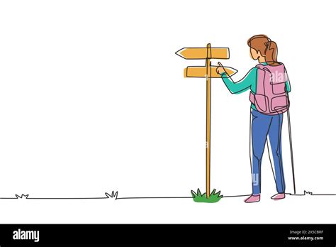 Single Continuous Line Drawing Woman Hiker Standing Near Direction Sign