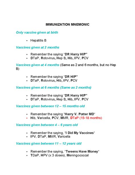 Immunization Mnemonic Immunization Mnemonic Only Vaccine Given At