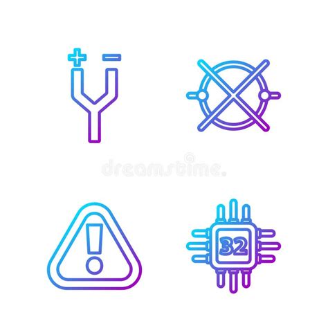 Set Line Processor With Microcircuits Cpu Exclamation Mark In Triangle Electric Cable And