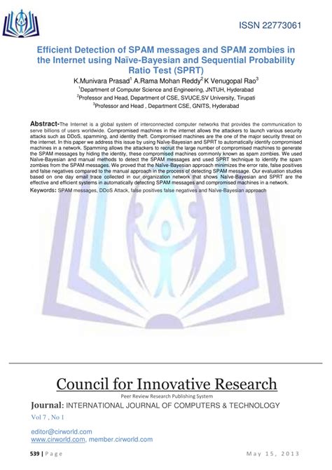 Pdf Efficient Detection Of Spam Messages And Spam Zombies In The Internet Using Naïve Bayesian