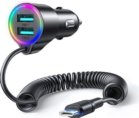 Autolader In Met Rgb Verlichting Autolader Usb Poorten Vaste Usb C Kabel Bol