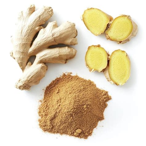 Fresh Ginger Root Sliced Ginger And Ground Ginger Powder Isolated On A