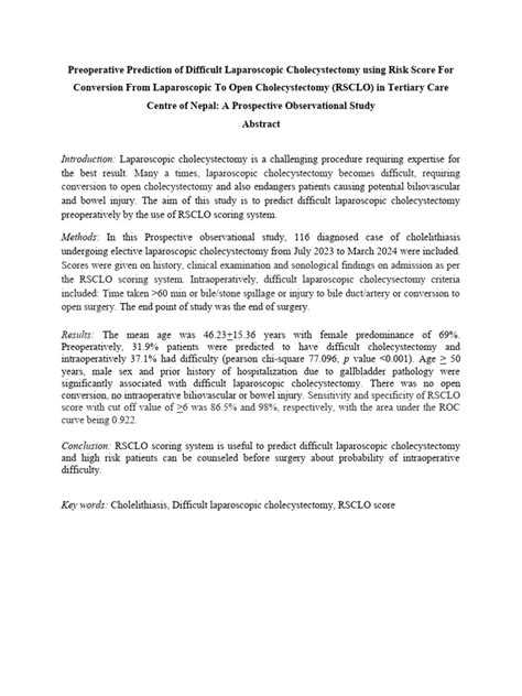 Preoperative Prediction Of Difficult Laparoscopic Cholecystectomy Using Risk Score For