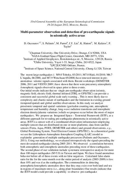 Pdf Multi Parameter Observation And Detection Of Pre Earthquake