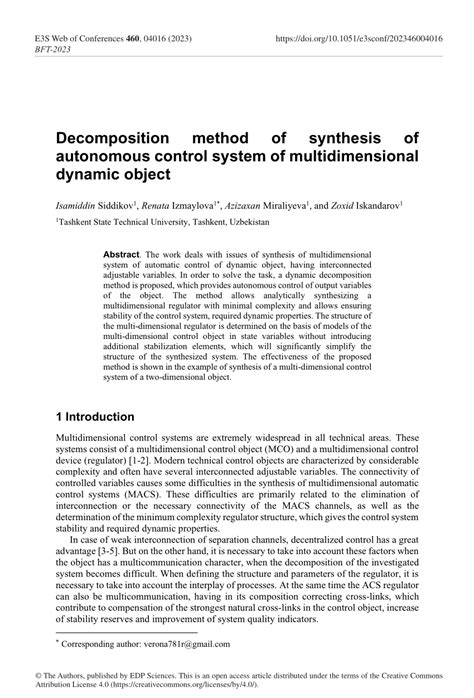 Pdf Decomposition Method Of Synthesis Of Autonomous Control System Of Multidimensional Dynamic