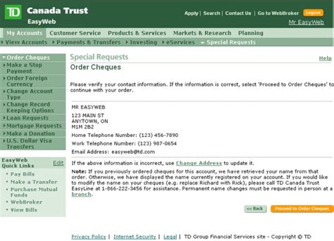 EasyWeb Tour Personal Banking Order Cheques