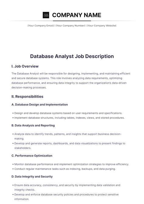 free database analyst job description template to edit online