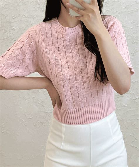 베이직 꽈배기 파스텔 여성 케이블 반팔 니트 여름 스웨터 에이블리