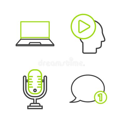Set Line Speech Bubble Chat Microphone Head People With Play Button And Laptop Icon Vector