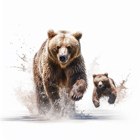 Premium Ai Image A Bear And A Cub Run Through The Water