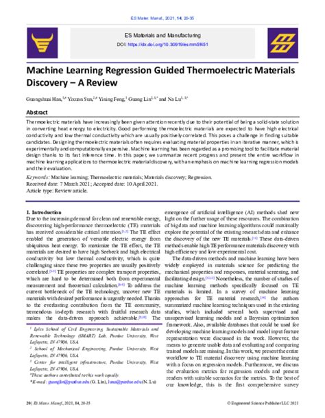 pdf machine learning regression guided thermoelectric materials