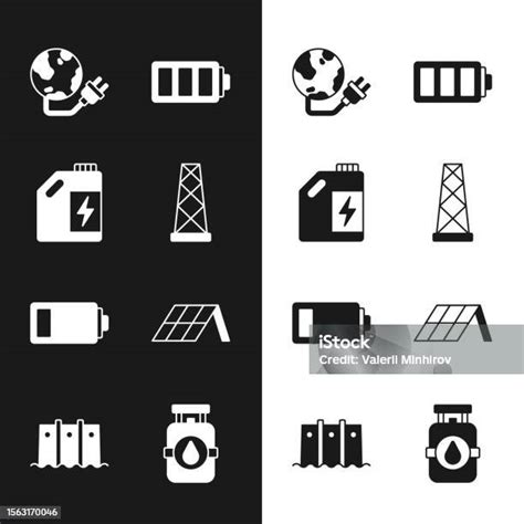 안테나 에코 연료 용기 글로벌 에너지 파워 플래닛 배터리 태양 전지판 프로판 가스 탱크 및 수력 발전 댐 아이콘을 설정합니다 벡터 가득 찬에 대한 스톡 벡터 아트 및 기타