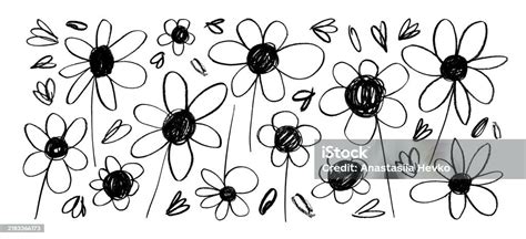 크레용으로 그려진 펑키 낙서 데이지 컬렉션 줄기와 작은 잎이 있는 원시적인 카모마일 순진한 스타일의 아이의 그림입니다 연필