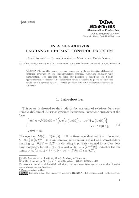 Pdf On A Non Convex Lagrange Optimal Control Problem