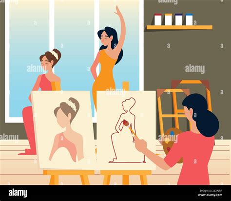 Paint Class Art Woman Student With Brush Painting A Models Canvas In