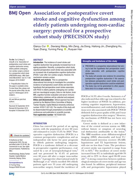 Pdf Association Of Postoperative Covert Stroke And Cognitive Dysfunction Among Elderly