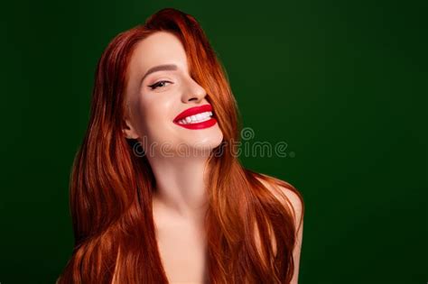 Photo Of Positive Smiling Lady Look Having Ginger Glossy Hair Cover