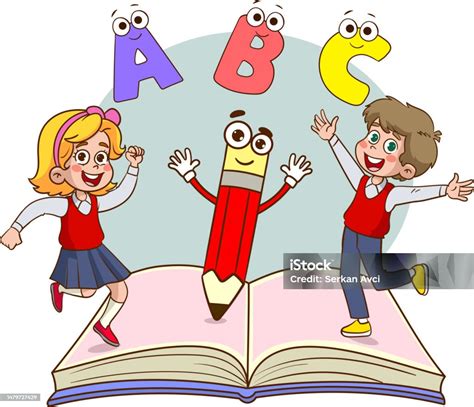 행복한 학생 아이들은 문자와 숫자로 춤을 추고 점프합니다 교육 및 지식 개념 개념에 대한 스톡 벡터 아트 및 기타 이미지 개념 개념과 주제 공부 Istock