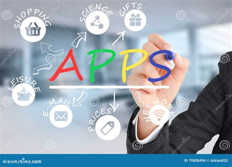 Business Woman Writing The Word APPS With A Marker On A Transparent Screen With App Icons