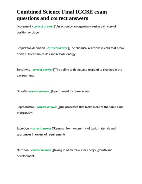 Combined Science Final Igcse Exam Questions And Correct Answers Exams