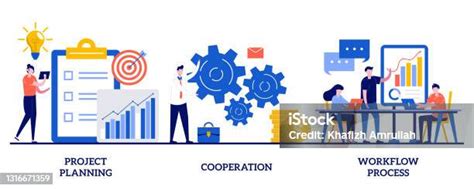 프로젝트 계획 협력 작은 사람들과워크플로우 프로세스 개념 비즈니스 프로세스 분석 추상 벡터 일러스트 레이션 집합입니다 비전과 범위 생산성 향상 파트너십 은유 개념에 대한