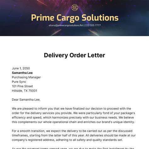 Free Delivery Order Letter Template To Edit Online