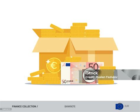 동전과 50 유로 지폐와 골판지 상자를 엽니 다 플랫 스타일 벡터 일러스트레이션 0명에 대한 스톡 벡터 아트 및 기타 이미지