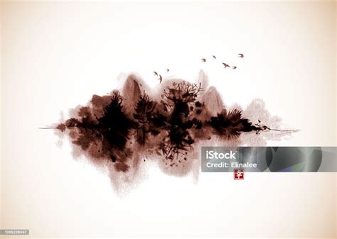 하늘에 숲 나무와 새와 안개 낀 섬입니다 빈티지 스타일의 잉크 워시 페인팅 전통적인 동양 수묵화 스미에 우신 고화 상형 문자 행복 호수에 대한 스톡 벡터 아트 및 기타