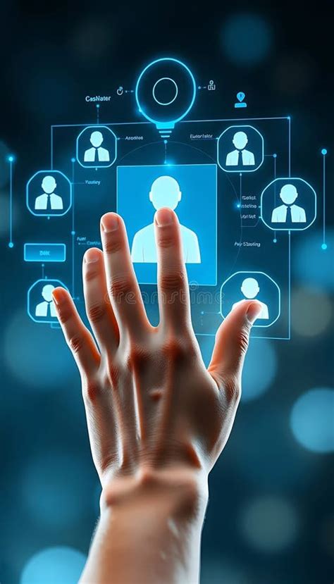 Hand Touching Digital Interface With User Icons And Futuristic Connections Stock Illustration