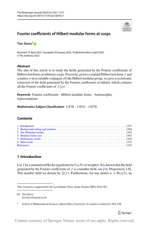Pdf Fourier Coefficients Of Hilbert Modular Forms At Cusps