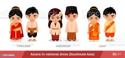 태국 인도네시아 라오스 전국 드레스를 입은 남성과 여성 민족 전통 의상을 입고 아시아 인의 세트 태국 문화에 대한 스톡 벡터 아트 및 기타 이미지 Istock