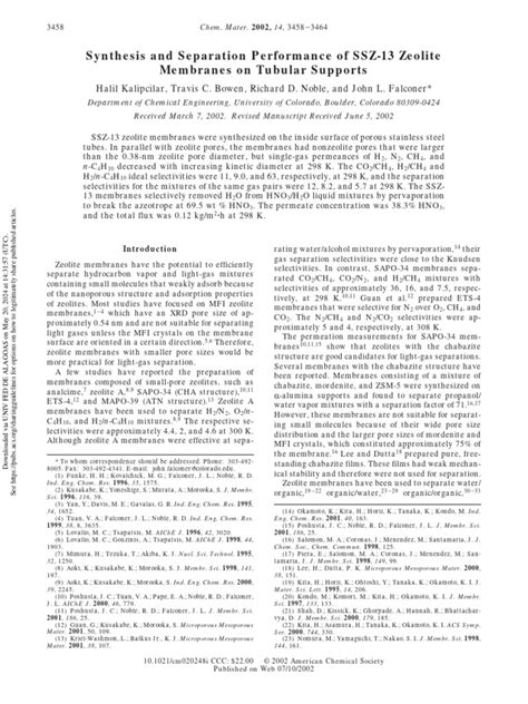 Kalipcilar Et Al 2002 Synthesis And Separation Performance Of Ssz 13 Zeolite Membranes On