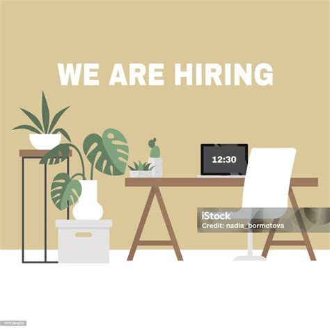 우리는 고용 직원을 찾고 있습니다 시간 인적 자원입니다 사무실 인테리어입니다 평면 편집 가능한 벡터 일러스트 레이 션 클립 아트 상자에 대한 스톡 벡터 아트 및 기타 이미지