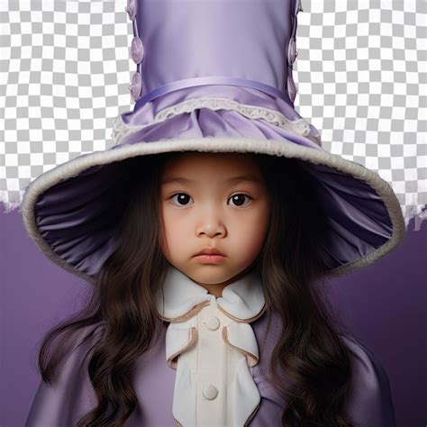 몽골 민족의 긴 머리카락을 가진 회개하는 유아 여성은 판사 의상을 입고 파스텔 페리윈클 배경에 모자 스타일과 같은 프로 ⁇ 을 통해 쳐다보는 포즈를 취합니다 프리미엄