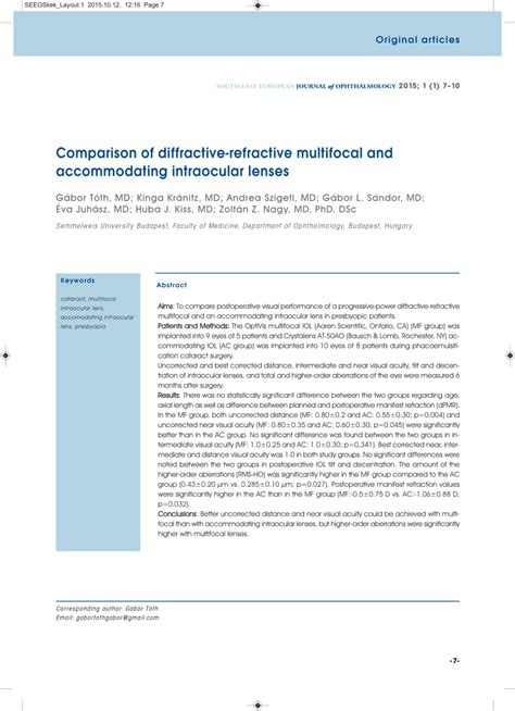 Pdf Comparison Of Diffractive Refractive Multifocal And Accommodating