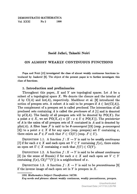 Pdf On Almost Weakly Continuous Functions