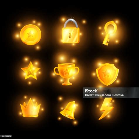 골든 게임 아이콘 세트 벡터 Ui 빛나는 카지노 배지 키트 우승자 트로피 방패 빛 마법 불꽃 인센티브에 대한 스톡 벡터 아트 및 기타 이미지 Istock