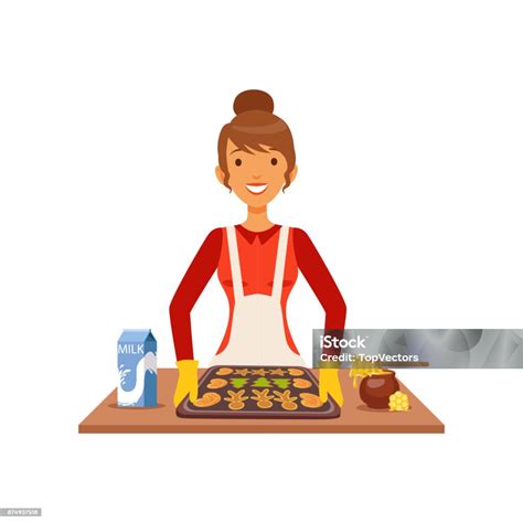 젊은 여성이 베이킹 쿠키 부엌 평면 벡터 일러스트 레이 션에에서 음식을 요리 하는 주부 여자 귀여운에 대한 스톡 벡터 아트 및 기타 이미지 Istock
