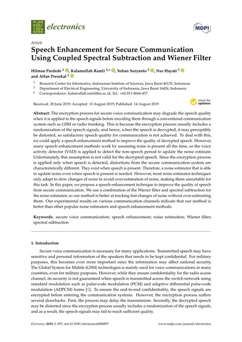 Pdf Speech Enhancement For Secure Communication Using Coupled Spectral Subtraction And Wiener